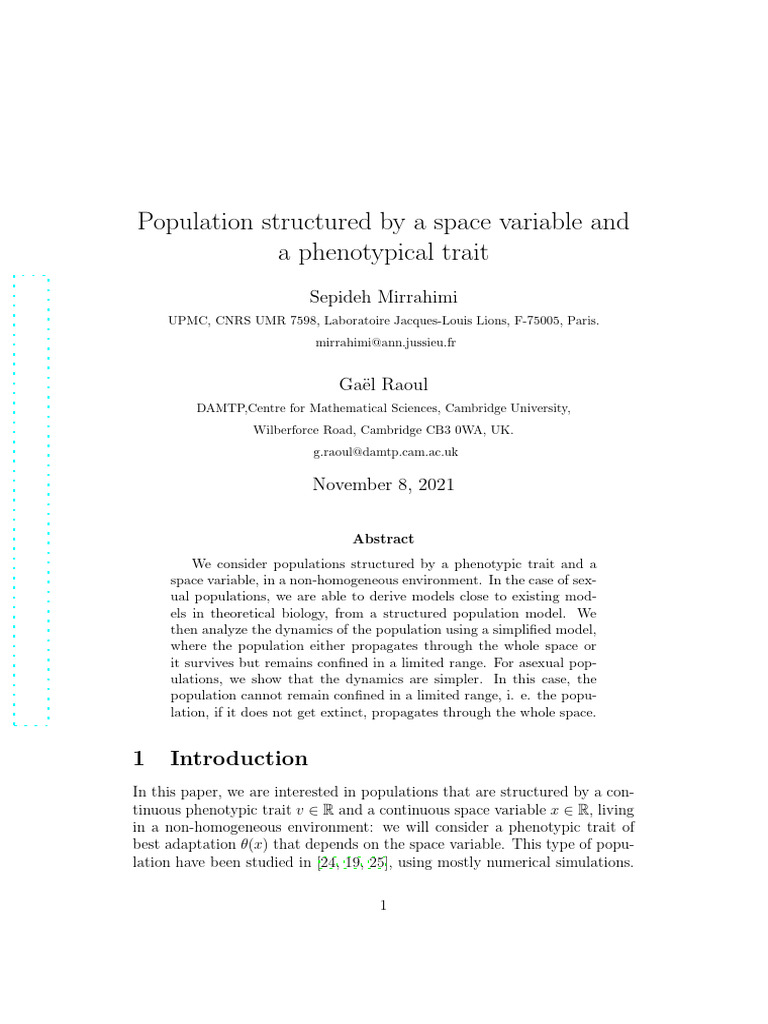 Population Structured by A Space Variable and A Phenotypical Trait | PDF | Natural Selection ...
