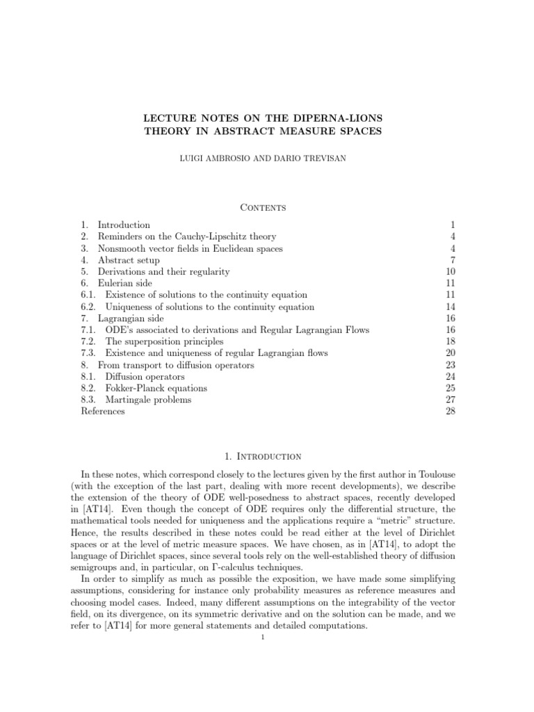 Lecture Notes On The Diperna-Lions Theory in Abstracr Measure Spaces ...