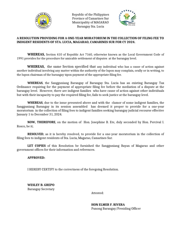 Resolution Imposing Moratorium of Filing Fees | PDF