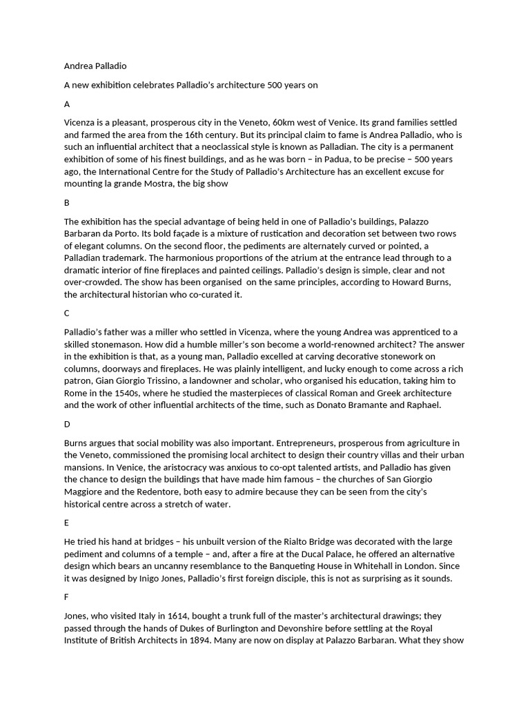 Andrea Palladio Ielts Reading | PDF | Architectural Design | Architecture