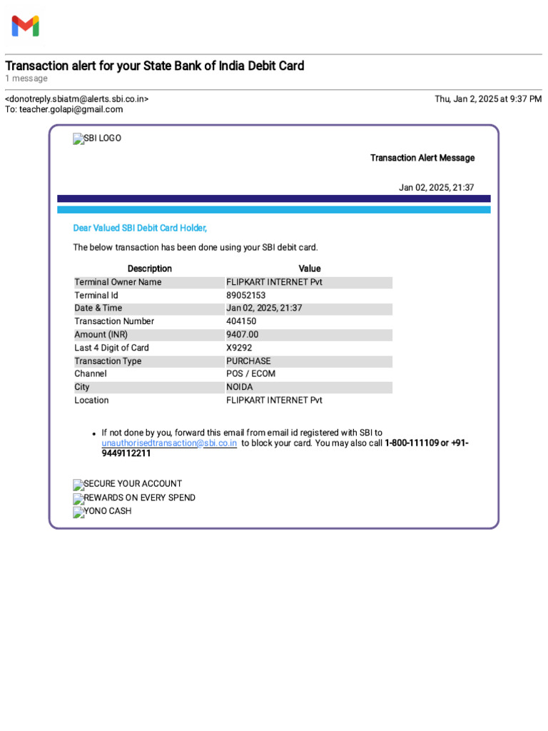 Gmail - Transaction Alert For Your State Bank of India Debit Card | PDF