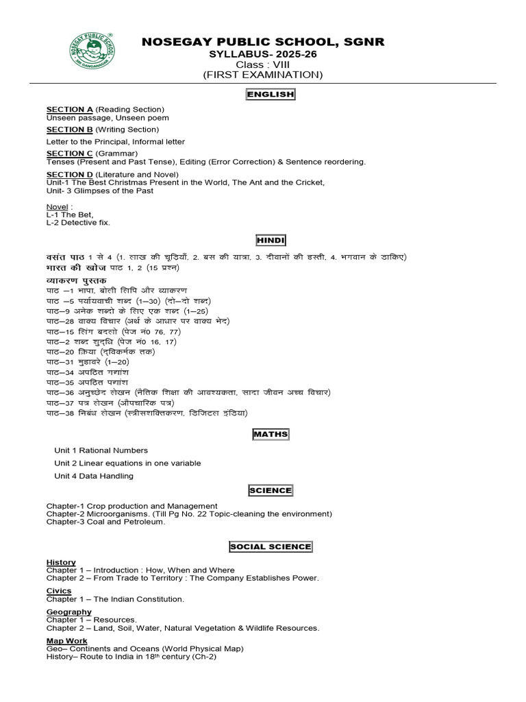 Syllabus of Class-8 (FIRST EXAM) 2025-26 | PDF