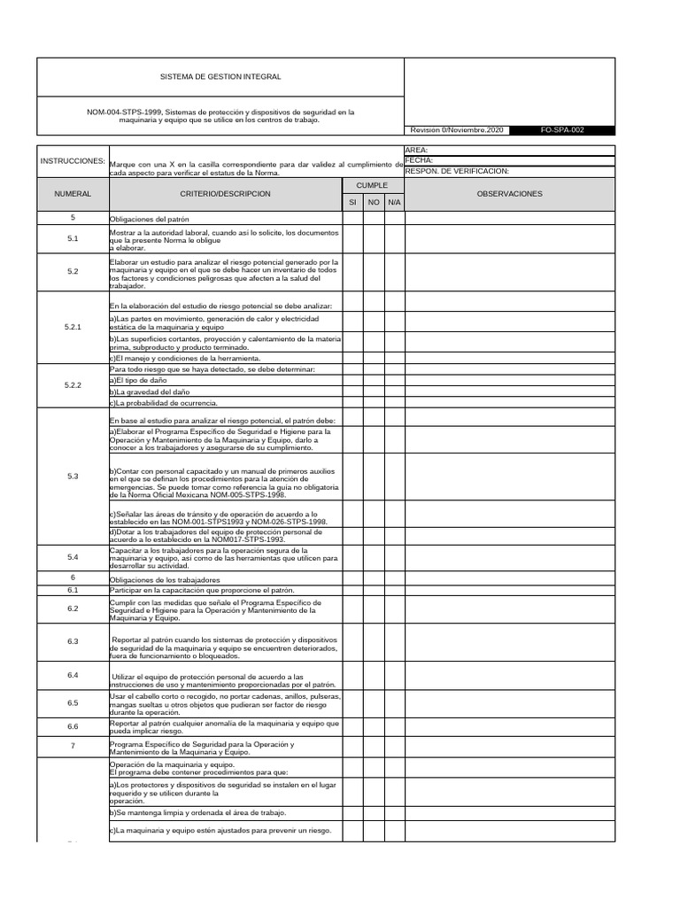 NOM-004-STPS-1999, Sistemas de Protección y Dispositivos de Seguridad ...
