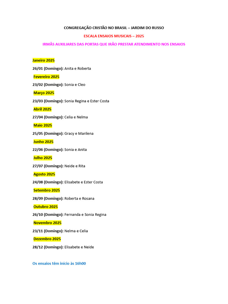 Escala Ensaios 2025 Porteiras | PDF