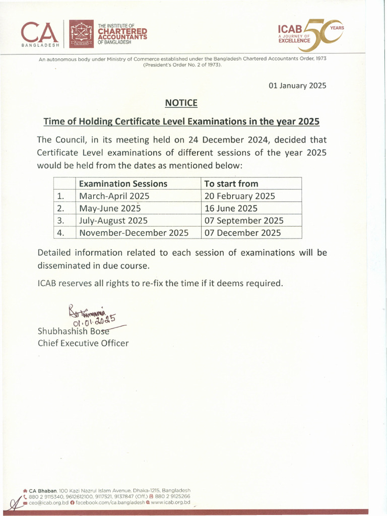 ICAB Certificate Level Exam Schedule 2025 | PDF