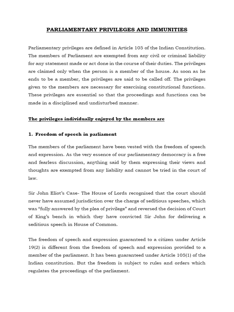Parliamentary Privileges and Immunities | PDF | Contempt Of Court ...