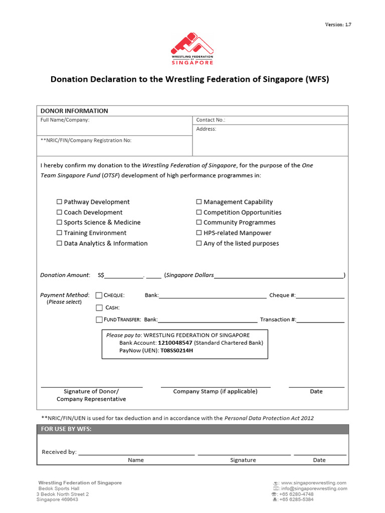 Donation Form for Wrestling Federation Singapore | PDF | Cheque | Banks