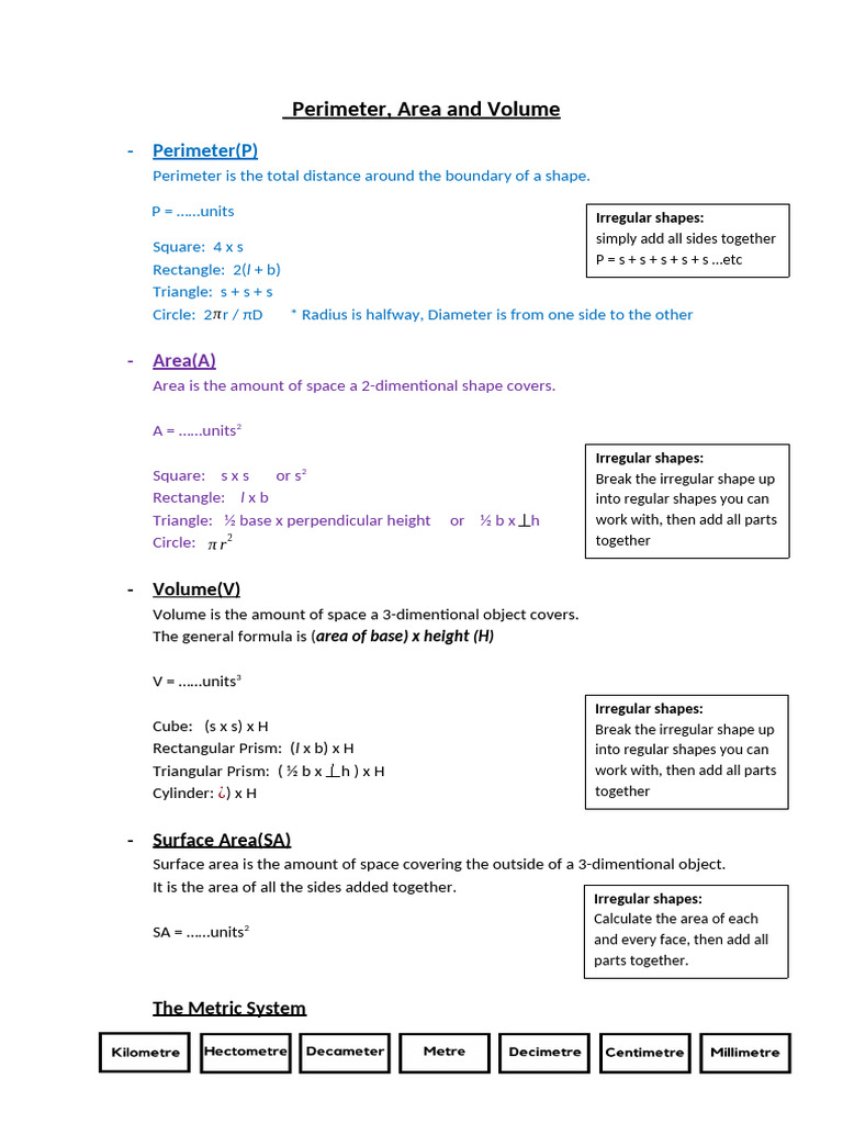 Perimeter, Area, Volume, Surface Area and Capacity | PDF | Area | Volume