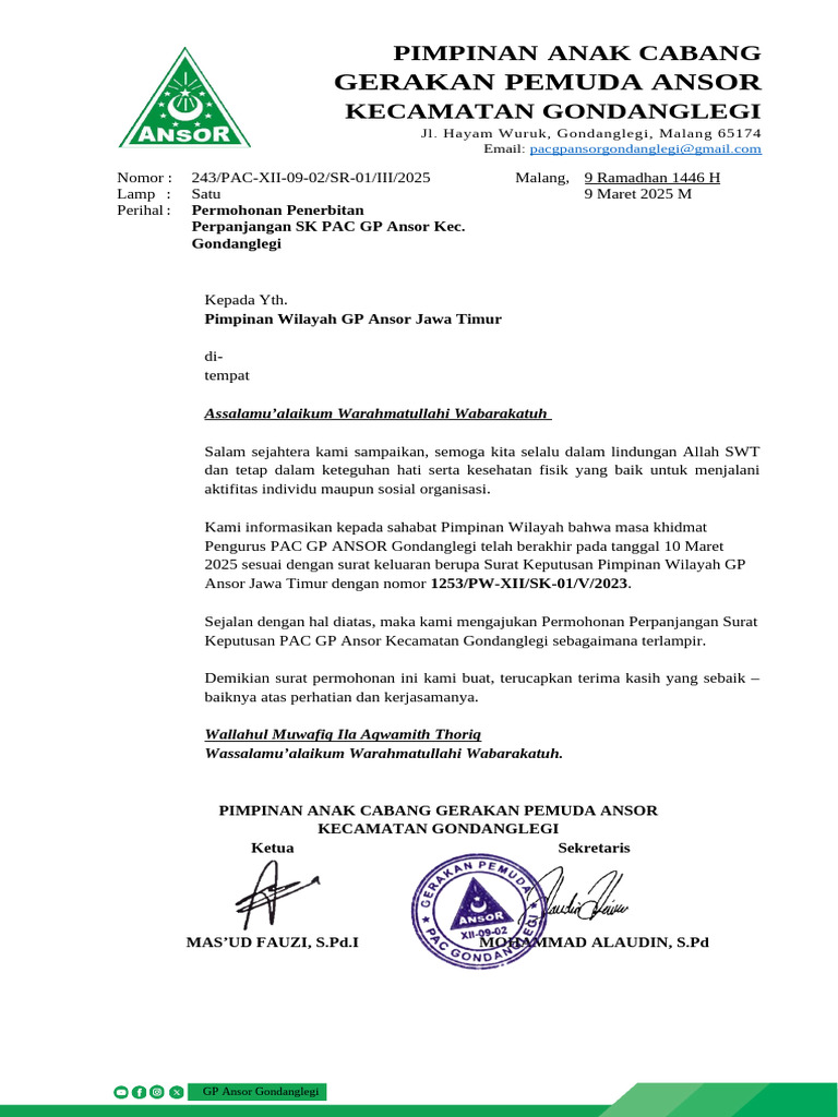 Format Penganjuan Perpanjangan SK PAC (Untuk PW Dan PC) | PDF