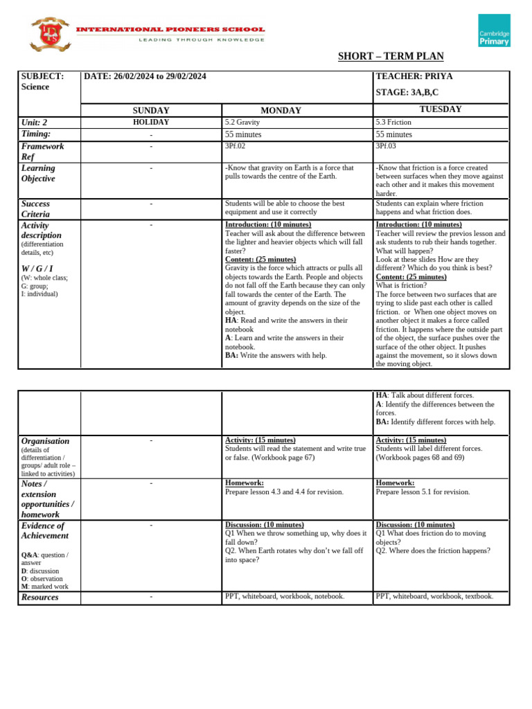 Class 3 Sci 26 Feb 24 - 29 Feb 24 | PDF | Force | Friction