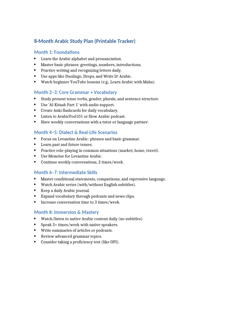 8 Month Arabic Study Plan Printable | PDF