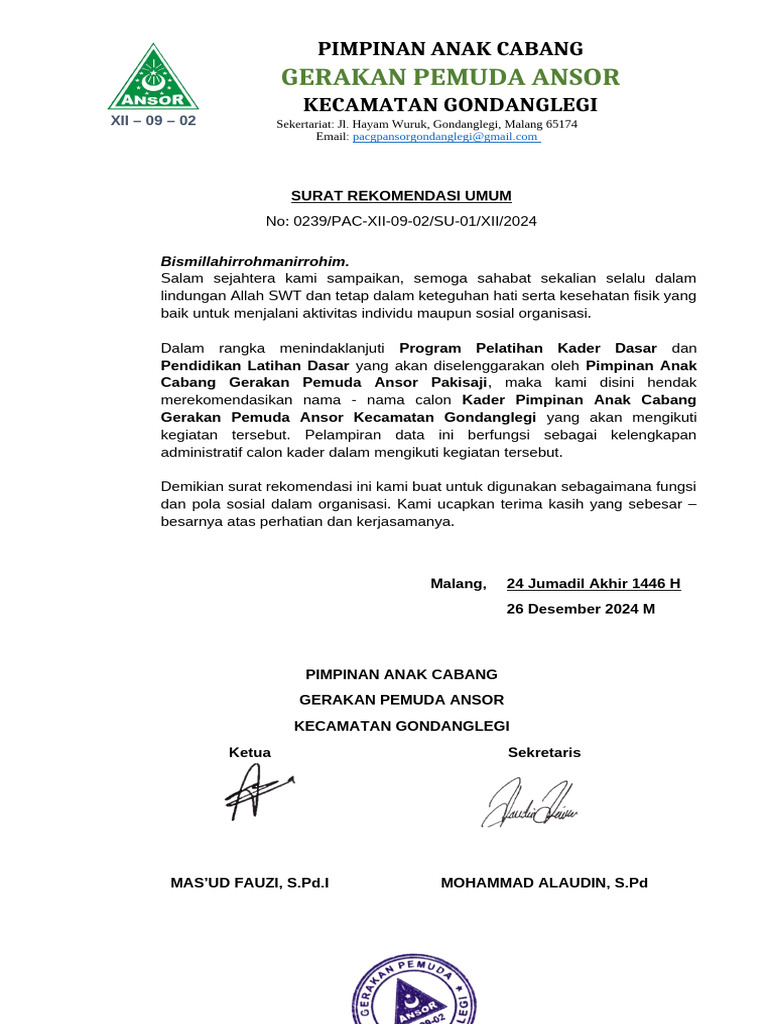 Format Surat Rekom untuk Diklatsar | PDF