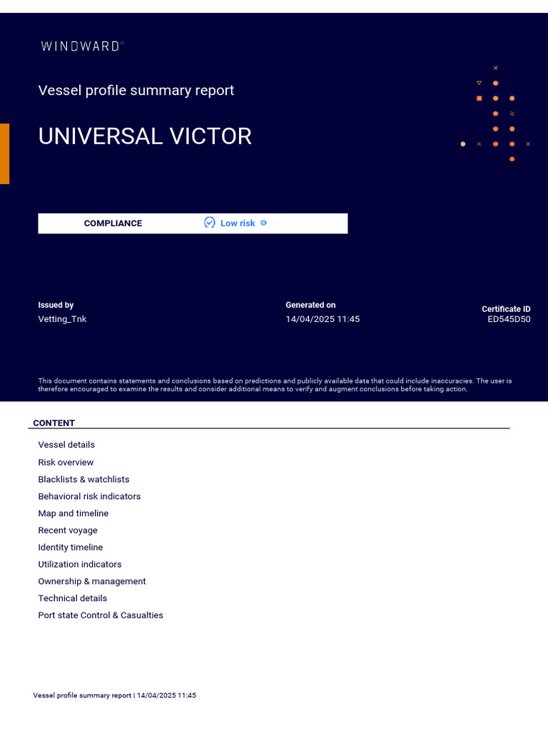 Universal Victor Vessel Summary Report | PDF | Shipping | Water Transport