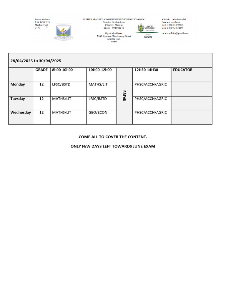 Holidays Time Table | PDF