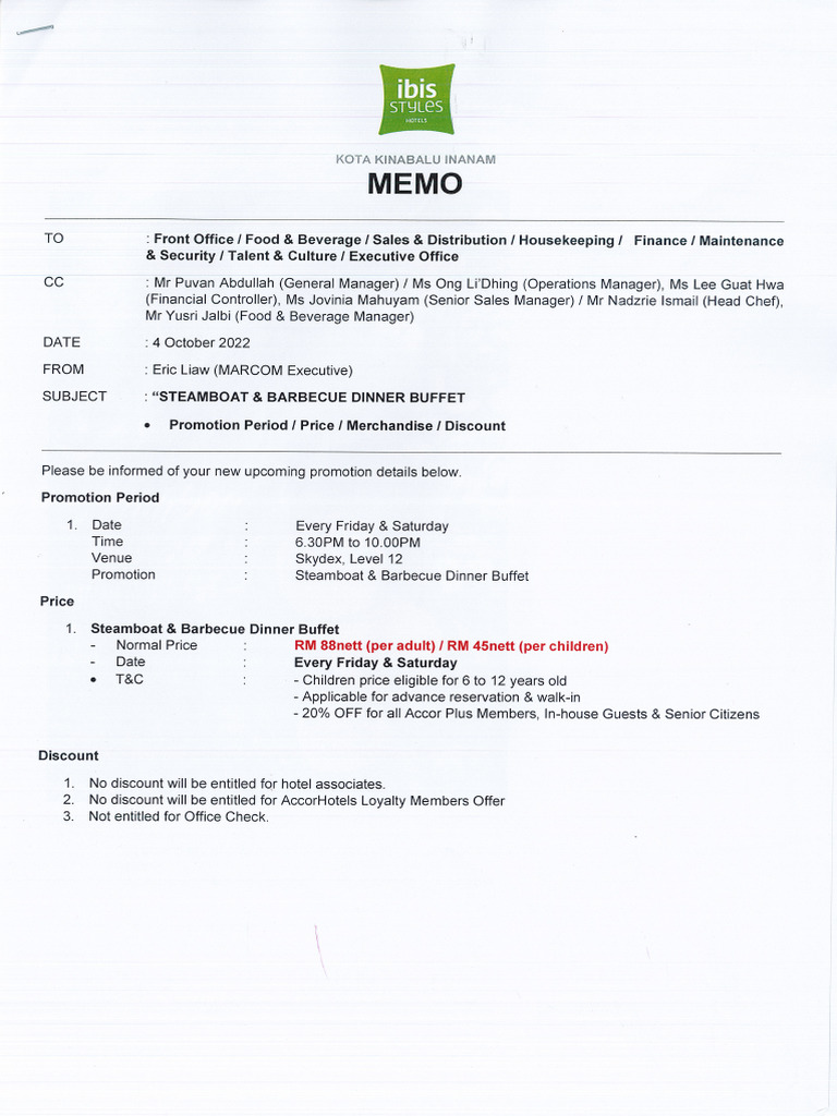 Steamboat & Barbecue Buffet - Memo | PDF