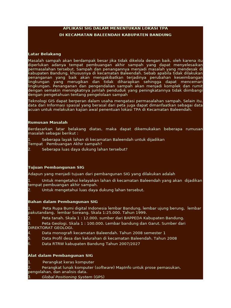 APLIKASI SIG DALAM MENENTUKAN LOKASI TPA Di BALE ENDAH | PDF