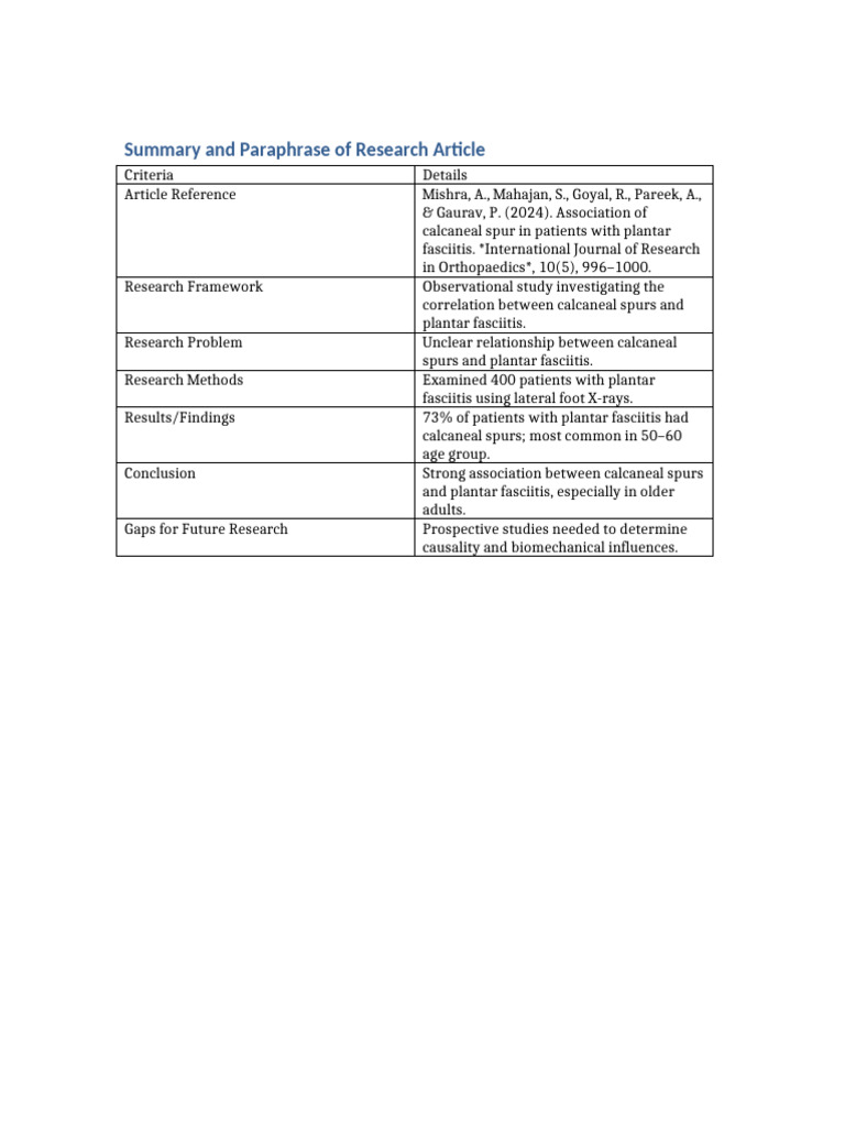 Calcaneal Spur Plantar Fasciitis Association | PDF