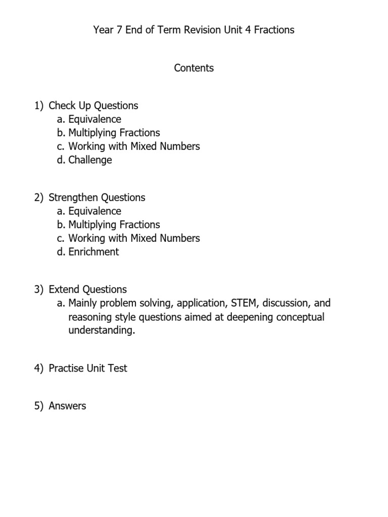 Year 7 End of Term Revision Unit 4 Fractions | PDF