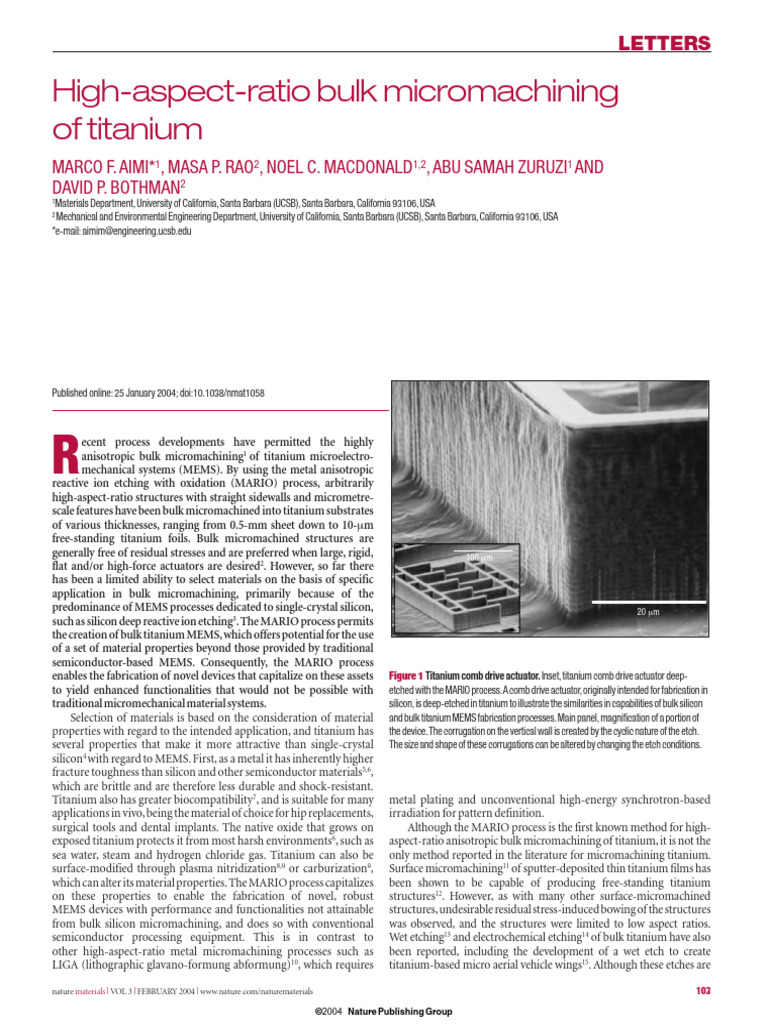 Aim (2004) High-Aspect-ratio Bulk Micromachining of Titanium | PDF | Semiconductor Device ...