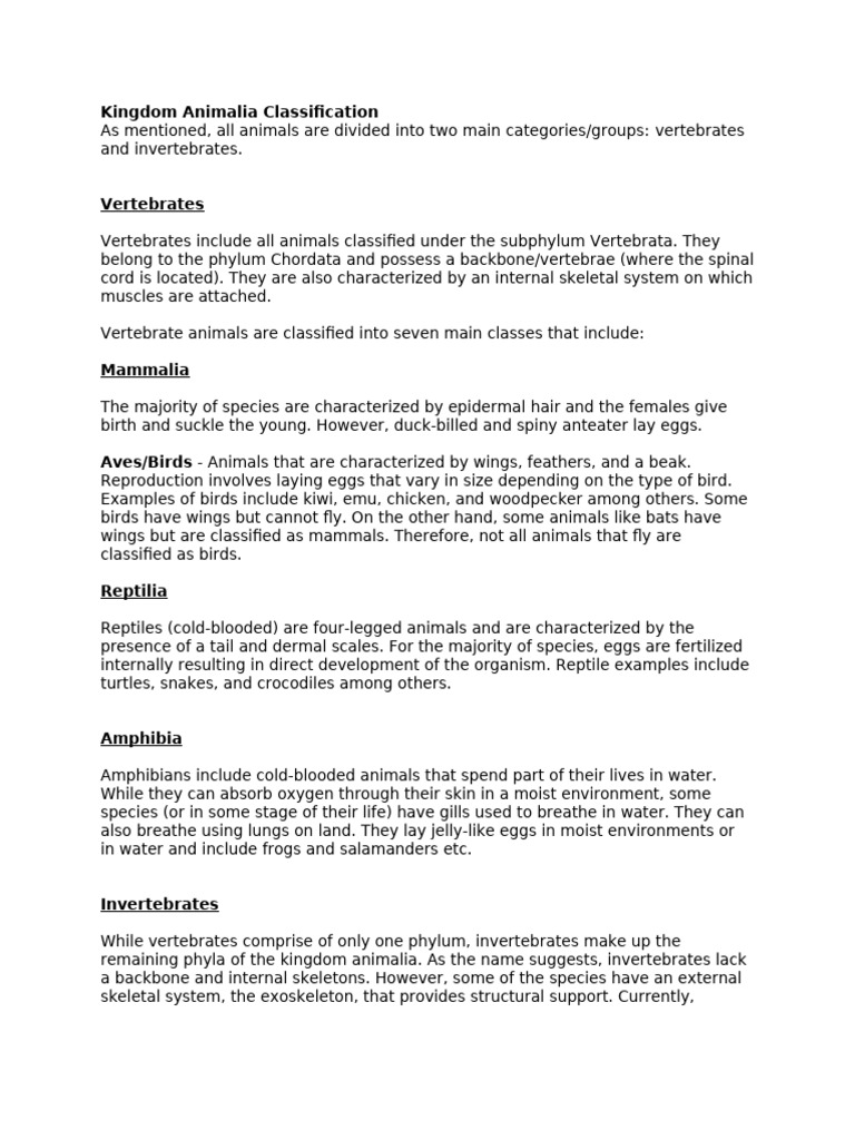 Kingdom Animalia Classification | PDF | Invertebrate | Vertebrates
