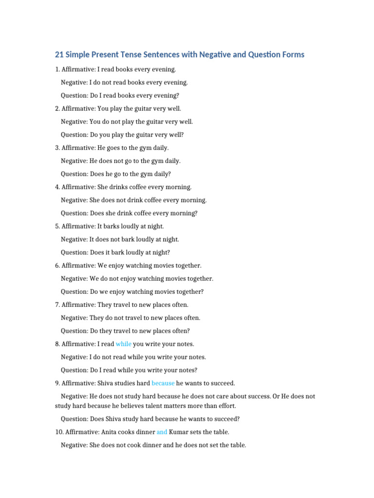 Simple Present Tense 21 Sentences All Forms | PDF
