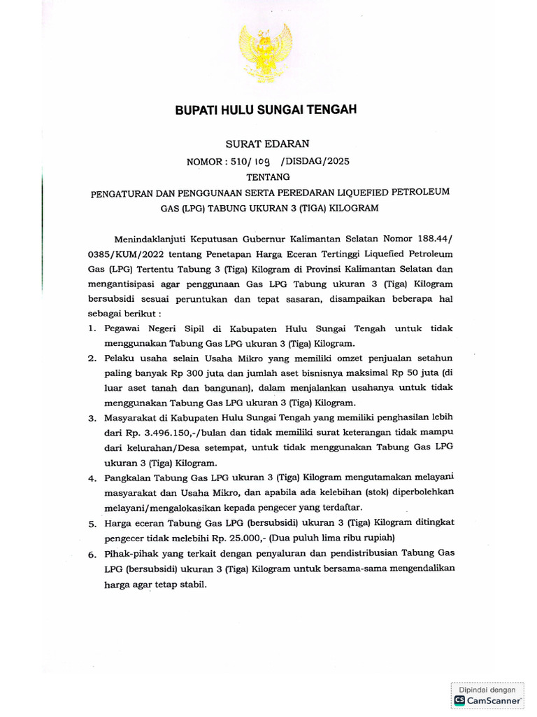 Surat Edaran (Gas LPG 3kg) | PDF