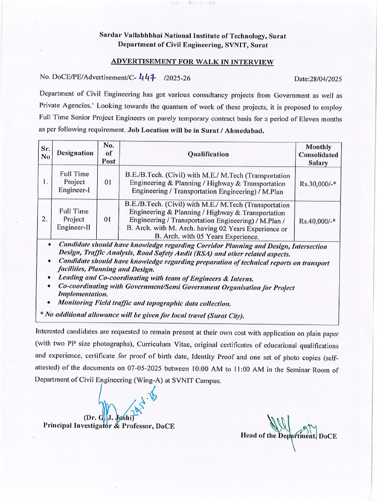 Advertisement For Project Engineers at Department of Civil Engineering ...