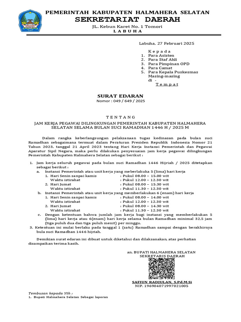 SURAT EDARAN JAM KERJA SELAMA RAMADHAN | PDF