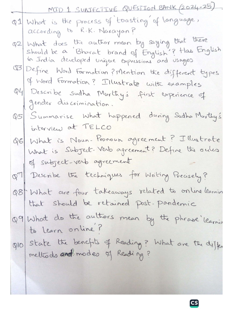 Mid 1 Subjective Question Bank 24-25 | PDF