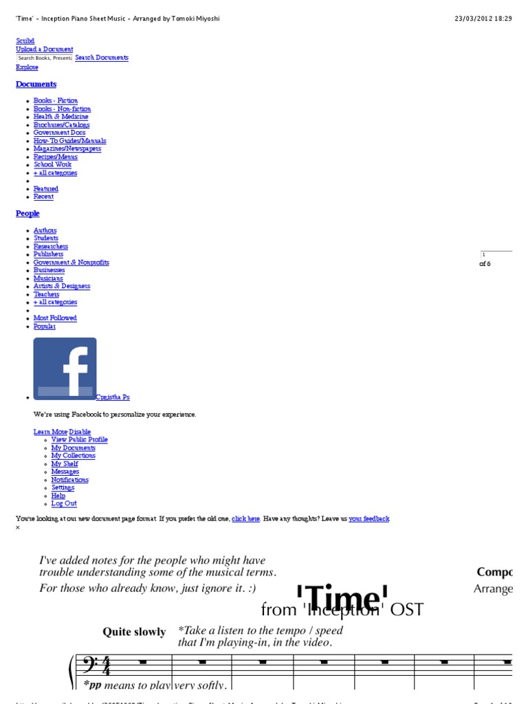 'Time' - Inception Piano Sheet Music - Arranged by Tomoki Miyoshi | PDF ...