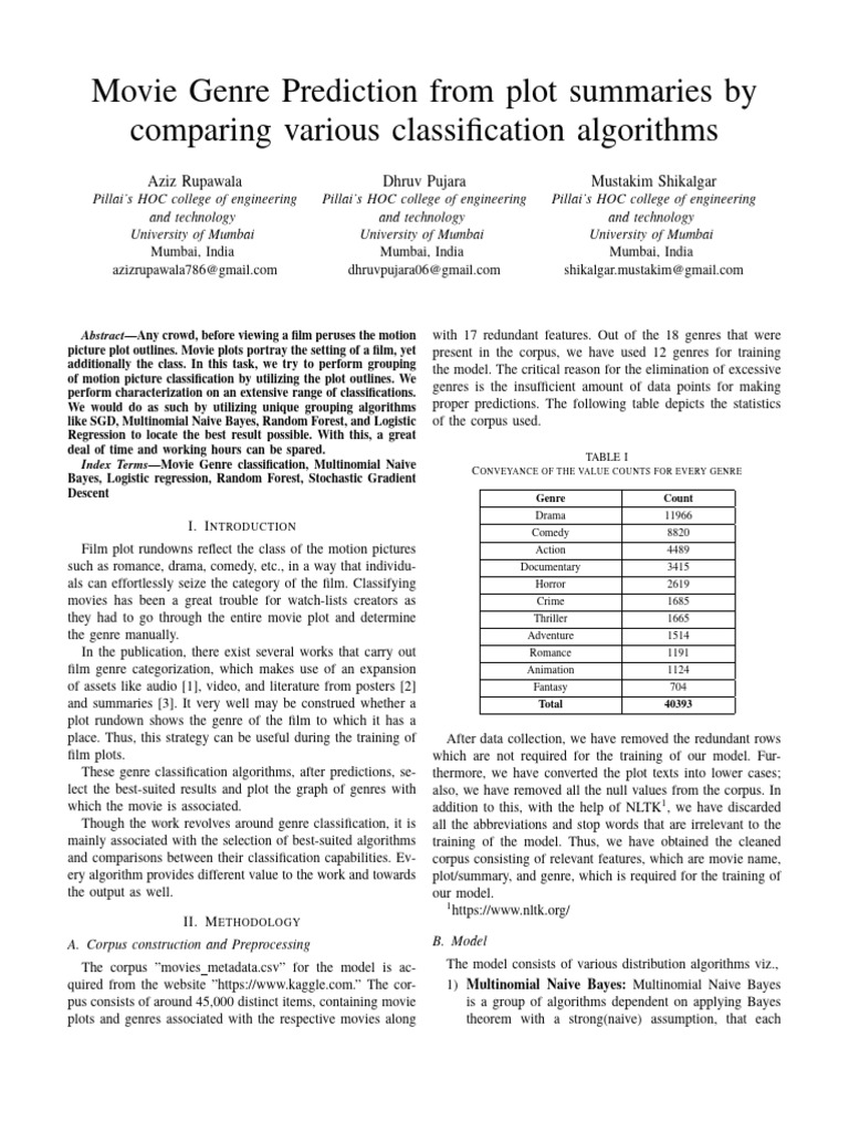 Movie Genre Prediction From Plot Summaries by Comparing Various Classification Algorithms | PDF ...