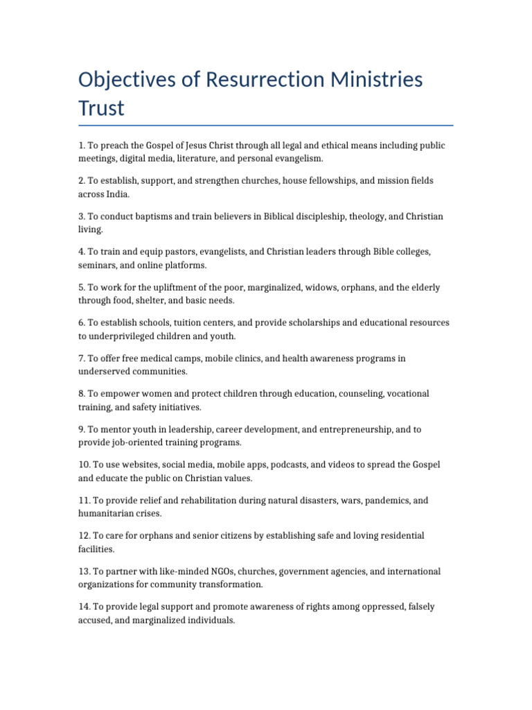 Resurrection Ministries Trust 25 Objectives | PDF | Evangelism | The Gospel