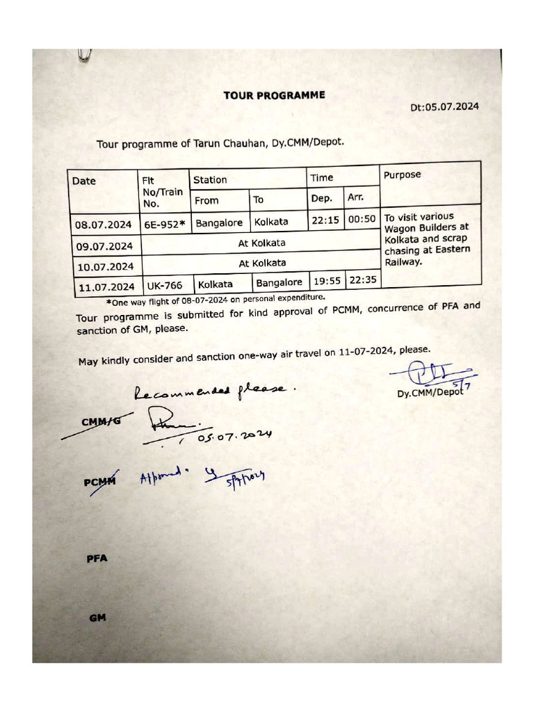 Tour programme of Tarun Chauhan Dy CMM Depot | PDF