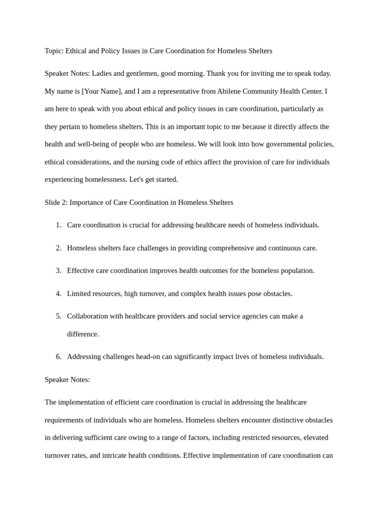 Ethical and Policy Issues in Care Coordination For Homeless Shelters ...