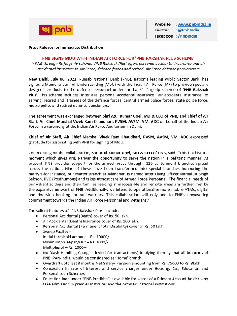 Final Press Release_PNB signs MoU with the Indian Air Force | PDF | Financial Services | Banking