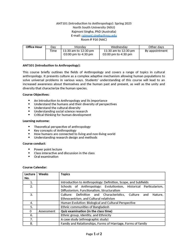 ANT101 Course Outline NSU Latest | PDF | Anthropology | Cultural ...