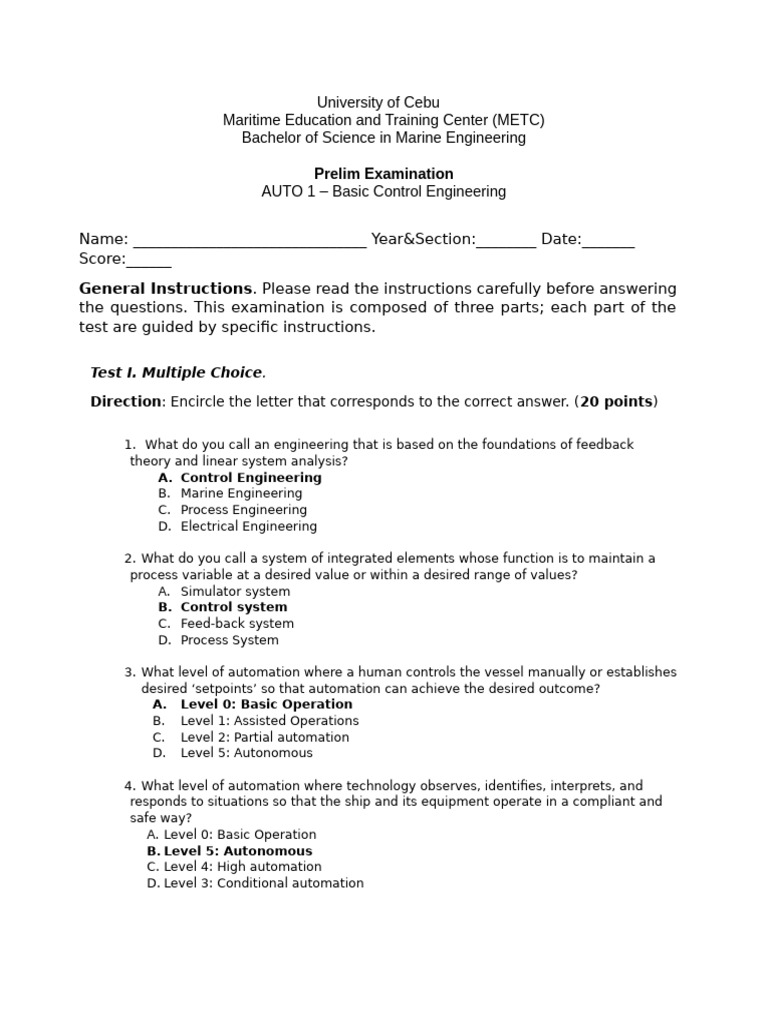 Auto1 Prelim - With Answer | PDF | Control Theory | Automation