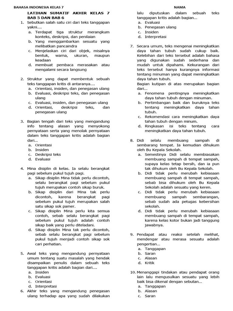 Latihan Bab 5 Dan Bab 6 Bahasa Indonesia Kelas 7 | PDF