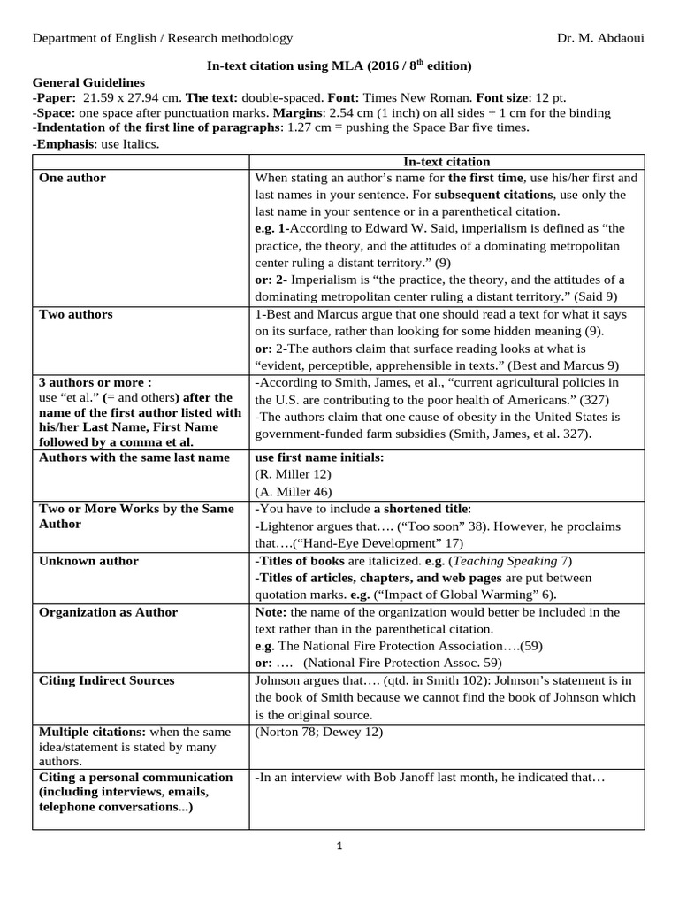 Mla 8th Ed 2016 In Text Citation Pdf Citation Text