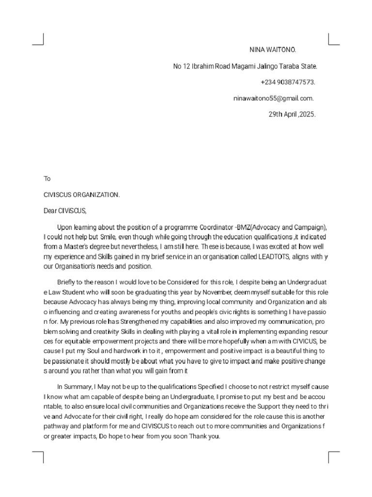 NINA WAITONO Cover Letter - Phoenix | PDF