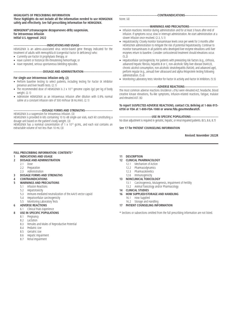 Hemgenix Prescribing Information | PDF | Intravenous Therapy | Cirrhosis