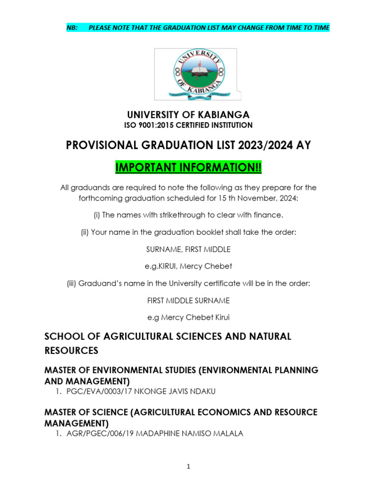 Provisional Graduation List As at 5th Nov.2024 | PDF | Academic Degree | Qualifications
