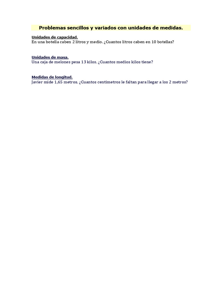 Problemas Sencillos y Variados Con Unidades de Medidas | PDF