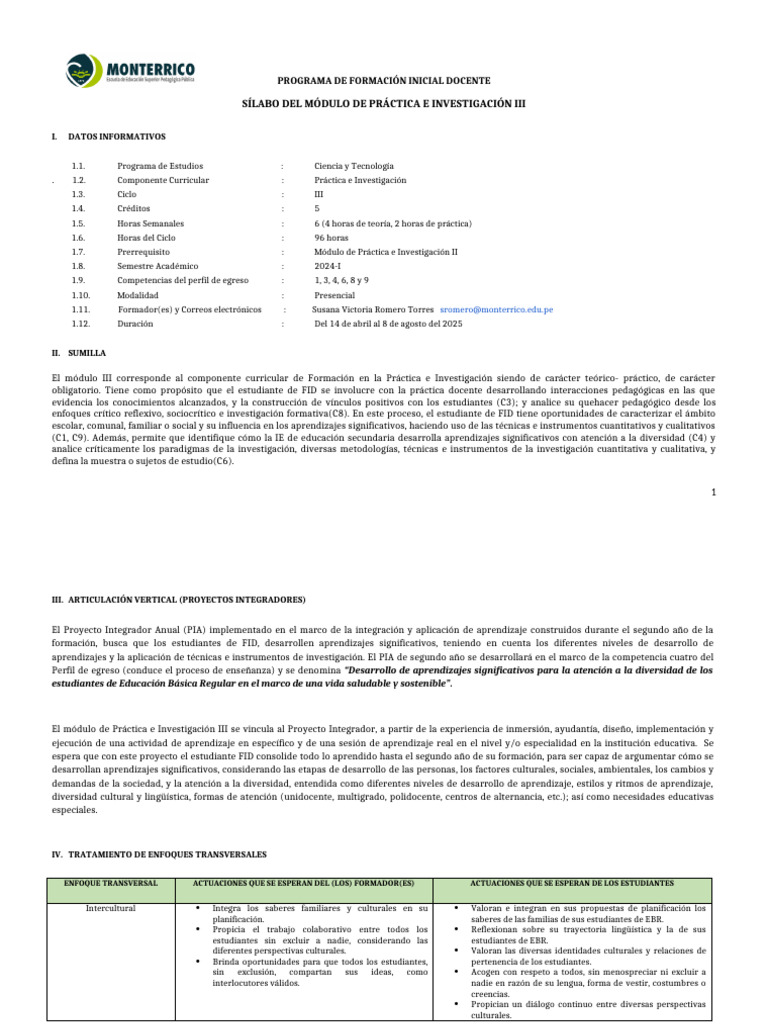 Sílabo Módulo de Práctica e Investigación III-2025 | PDF | Aprendizaje | Evaluación