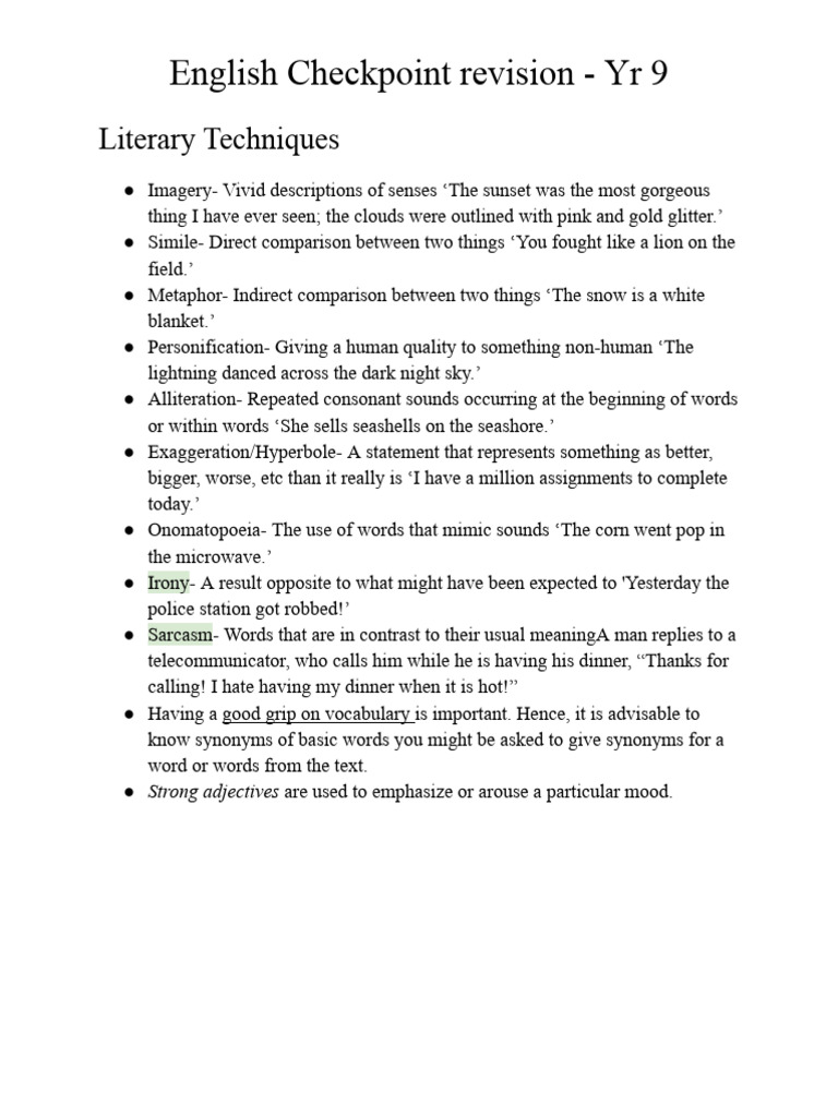 English Checkpoint Revision - Yr 9 | PDF | Reading Comprehension ...