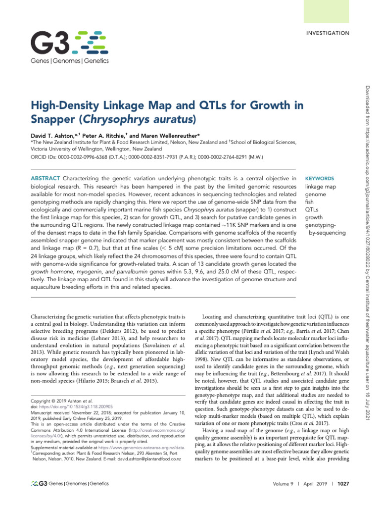 High-Density Linkage Map and QTLs For Growth in Snapper (Chrysophrys Auratus) | PDF ...