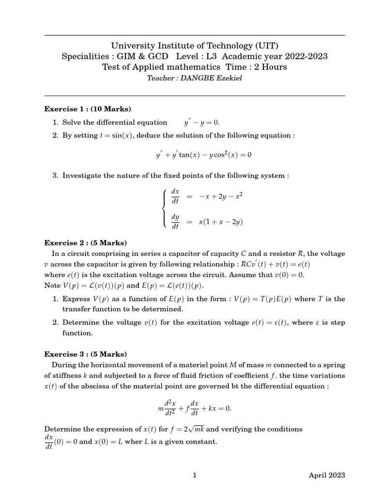 UIT Applied Mathematics Test 2022-2023 | PDF