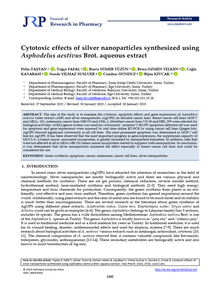 Cytotoxic Effects of Silver Nano | PDF | Apoptosis | Scanning Electron ...
