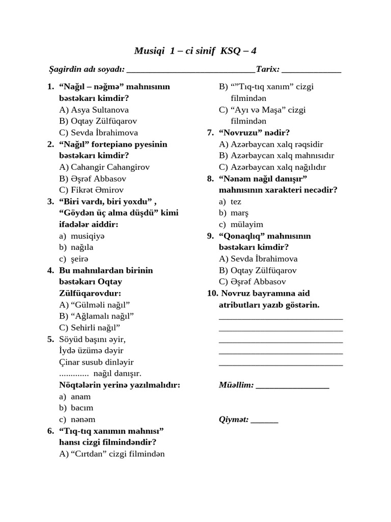1 - Ci Sinif - Musiqi - KSQ - 4 - Kemale Haciyeva | PDF