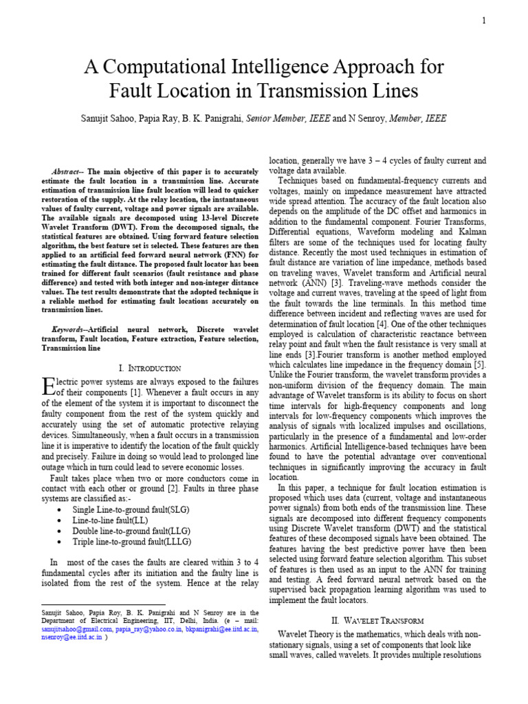 A Computational Intelligence Approach For Fault Location in Transmission Lines | PDF | Wavelet ...